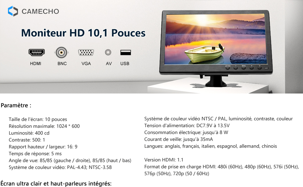 CAMECHO 10.1 Pouces HD CCTV Mini Moniteur, LCD Couleur 1024x600 VGA HDMI BNC AVI Entrée PC DVR ...