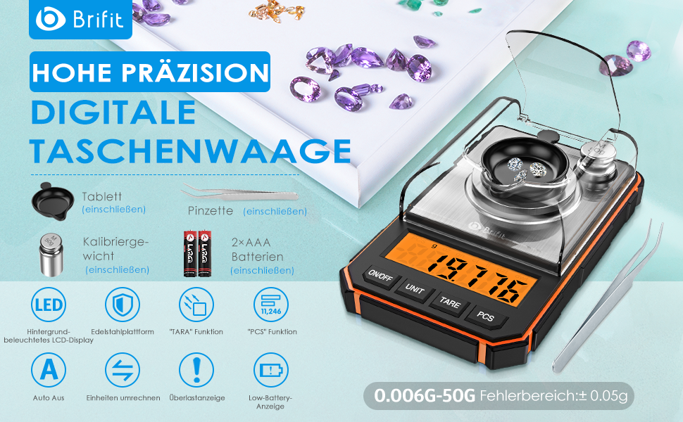 Brifit Feinwaage 0.001g, 50g /0,001g Taschenwaage, Milligramm Digitalwaage, Briefwaage ...