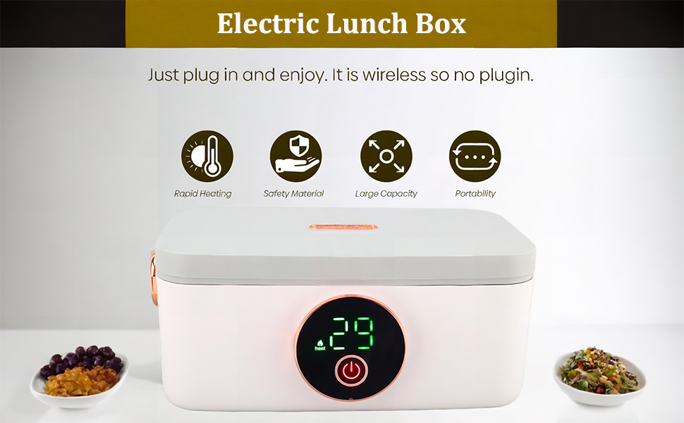 Electric Lunch Box Food Heater, 60W Rechargeable Portable Cordless Heated Lunch Box with 1L 304 ...