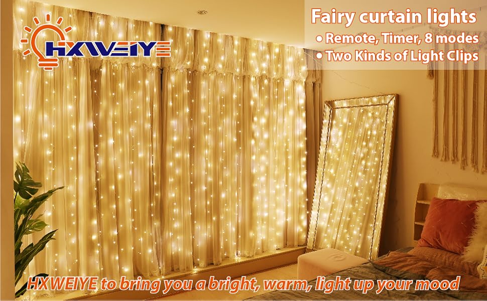 HXWEIYE 300LED Fairy Curtain Lights, 9.8x9.8Ft Warm White 8 Modes USB ...