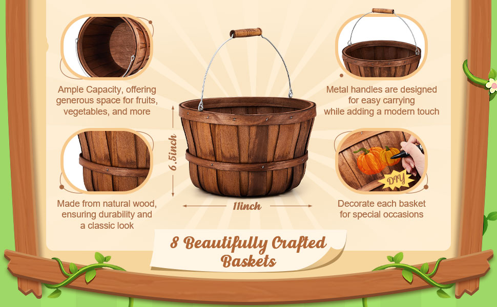 Amazon.com: Marsui 8 Pcs 11'' x 6.5'' Round Wooden Apple Baskets Large Fruit Buckets with Handle ...