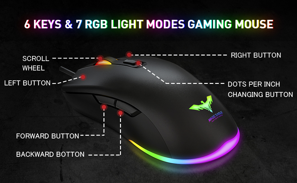 havit RGB Gaming Mouse Wired PC Gaming Mice with 7 Color Backlight, 6 Buttons, Up to 6400 DPI ...