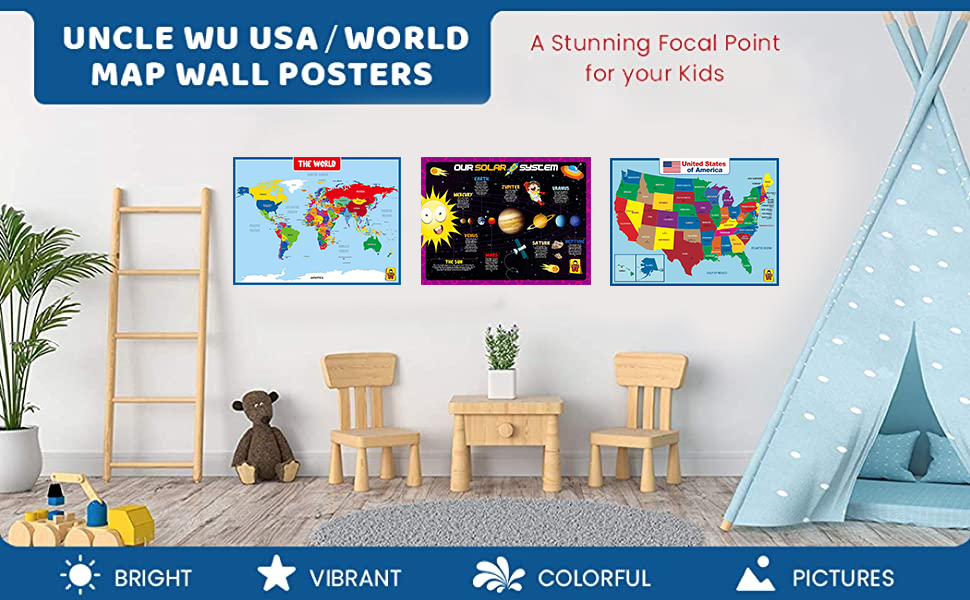 Amazon.com: 3 Pack - World Map Poster, United States USA Map, Solar ...