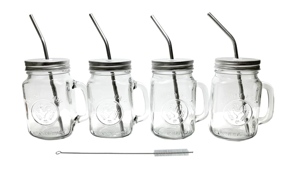 Amazon.com | brimley 16oz Glass Mason Jar with Lid and Straw Set of 4 - Mason Jars with Handle ...