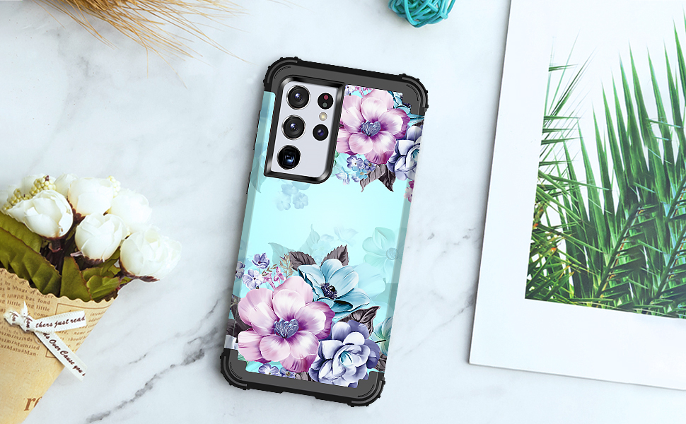 Amazon.com: Casetego Compatible with Galaxy S21 Ultra 5G Case,Floral Three Layer Heavy Duty ...