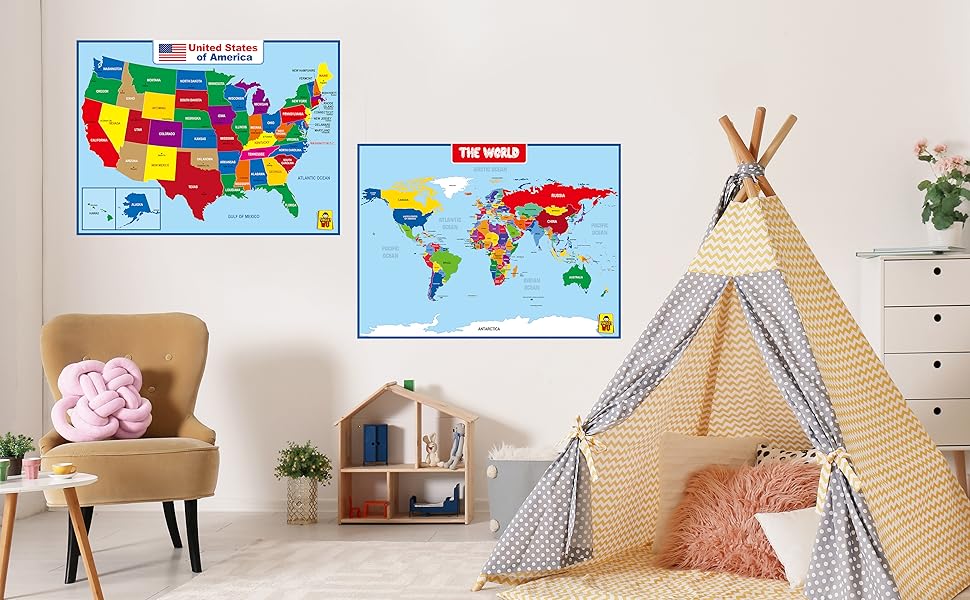 Amazon.com: 2 Pack - World Map and United State Map Laminated Poster ...