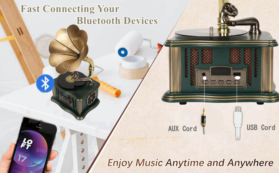 Retro Phonograph Record Player Bluetooth Speaker, Type C Rechargeable ...