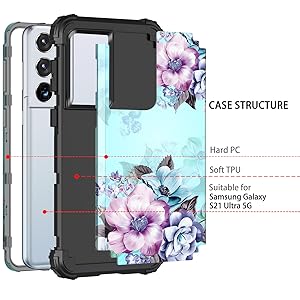 Amazon.com: Casetego Compatible with Galaxy S21 Ultra 5G Case,Floral Three Layer Heavy Duty ...