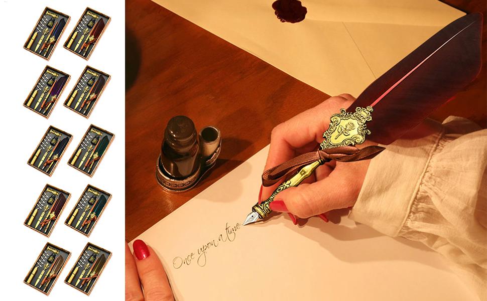 Quill Pen and Ink Set | Vintage Dip Pen Kit, Ink Set with Replacement Nibs, Wax Seal Sticks ...