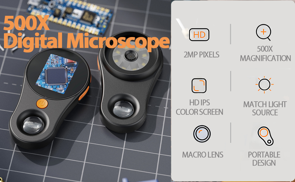 Amazon.com: Handheld Digital Microscope, 500X Magnification 2MP HD Screen, Portable for Kids ...