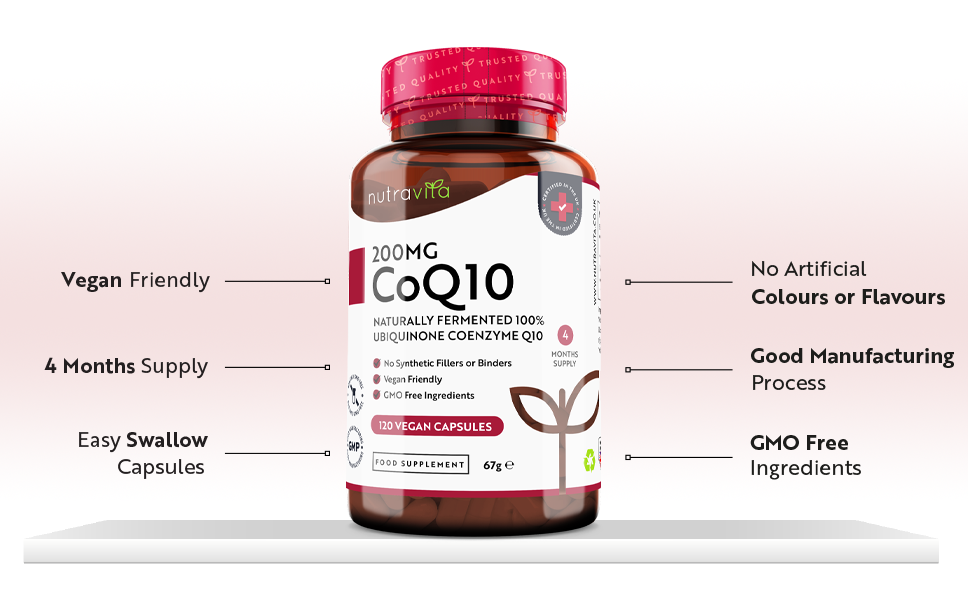 CoQ10 200mg - 120 Vegan Capsules of High Strength Co Enzyme Q10 (4 Months Supply) - 100% Pure ...
