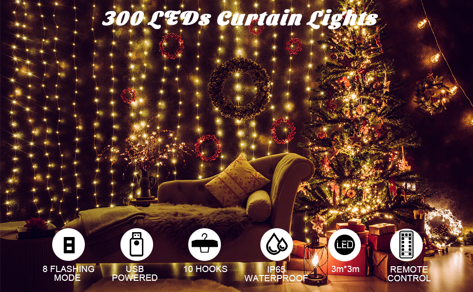 300 LED Waterproof Curtain Light with Hooks 3mX3m, Fairy String Lights ...
