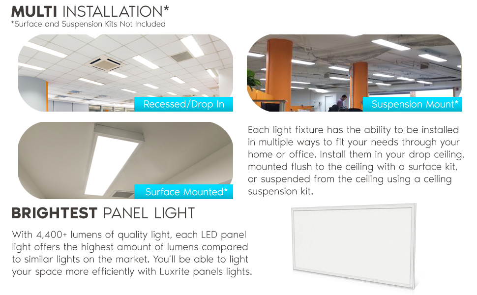 Luxrite LED Light Panel, 1x4 FT, 45W, 3000K Soft White, 4400 Lumens, 12x48 Inch LED Flat Panel ...