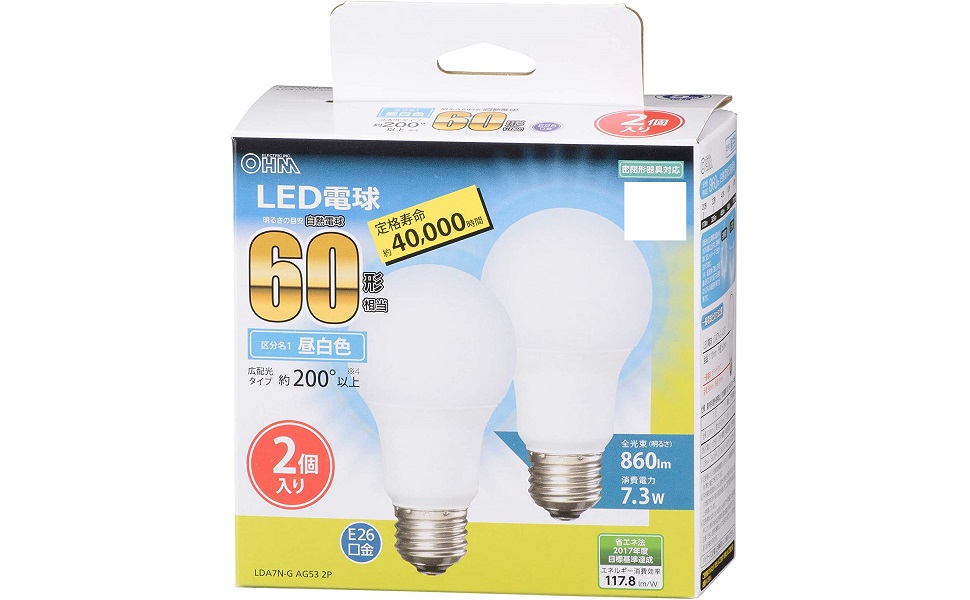 Amazon | LED電球 E26 60形相当 広配光 昼白色 2個入_LDA7N-G AG53 2P 06-3300 | オーム（OHM） | LED電球 通販