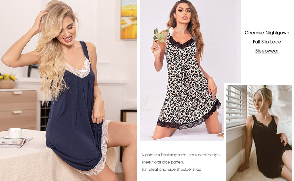 Ekouaer Womens Nightdress Chemise Sleepwear Full Slips Lace Nightgown Nightie V-neck Soft Jersey ...