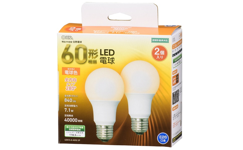 Amazon.co.jp: オーム(OHM) LED電球 E26 60形相当 電球色 全方向 2個入 オーム電機 LDA7L-G AG52 2P 06-4707 : ホーム＆キッチン