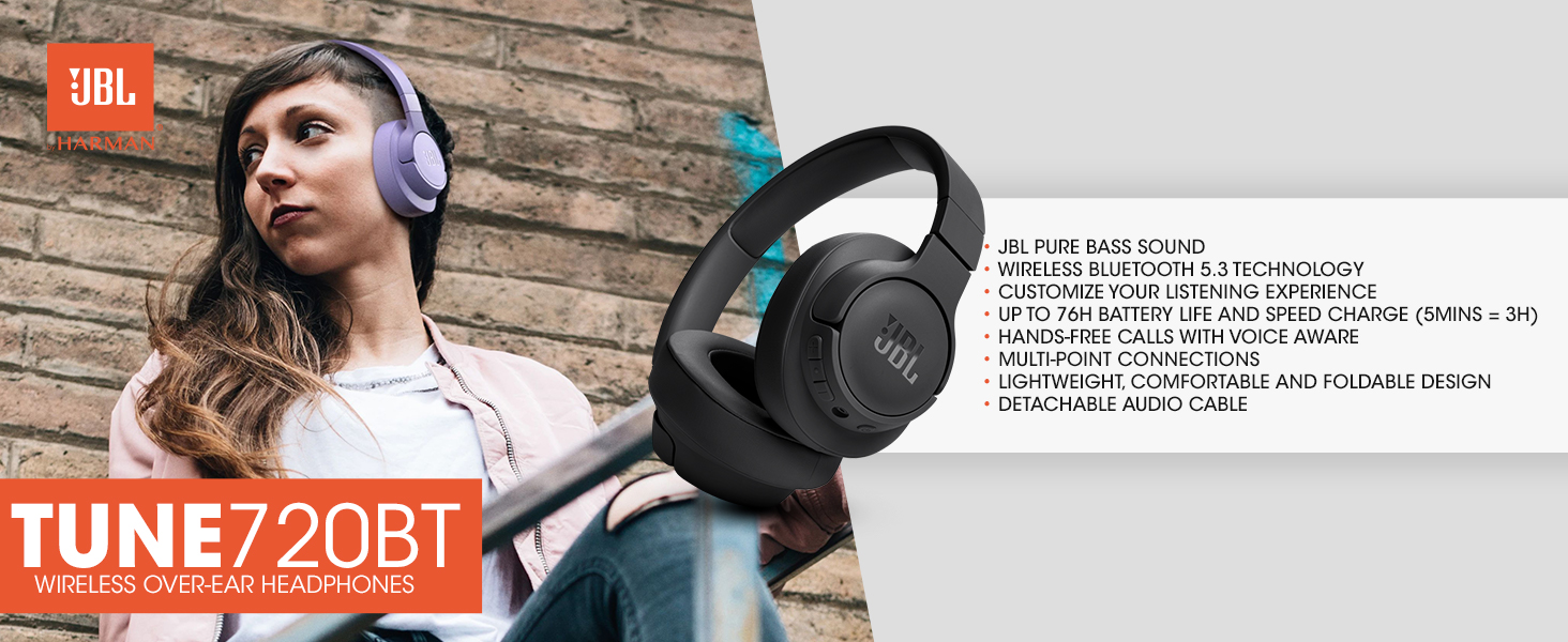 JBL Tune 720BT Wireless Over-Ear Headphones, Pure Bass Sound, Bluetooth 5.3, 76H Battery, Hands ...