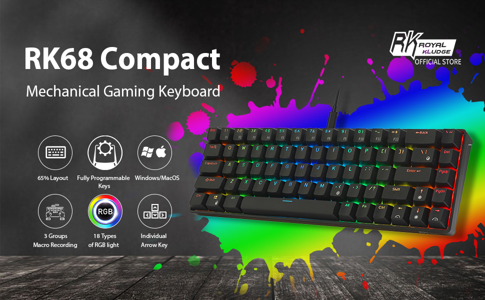 Rk Royal Kludge Rk68 (Rk855) Wired 65% Mechanical Keyboard, RGB Backlit ...