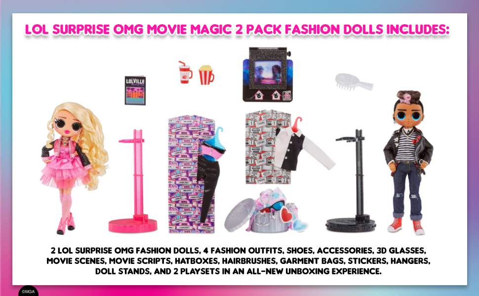 L.O.L. Surprise! 576501EUC LOL OMG Movie Magic 2-Pack-Tough Dude & Pink Chick Dolls with 25 ...