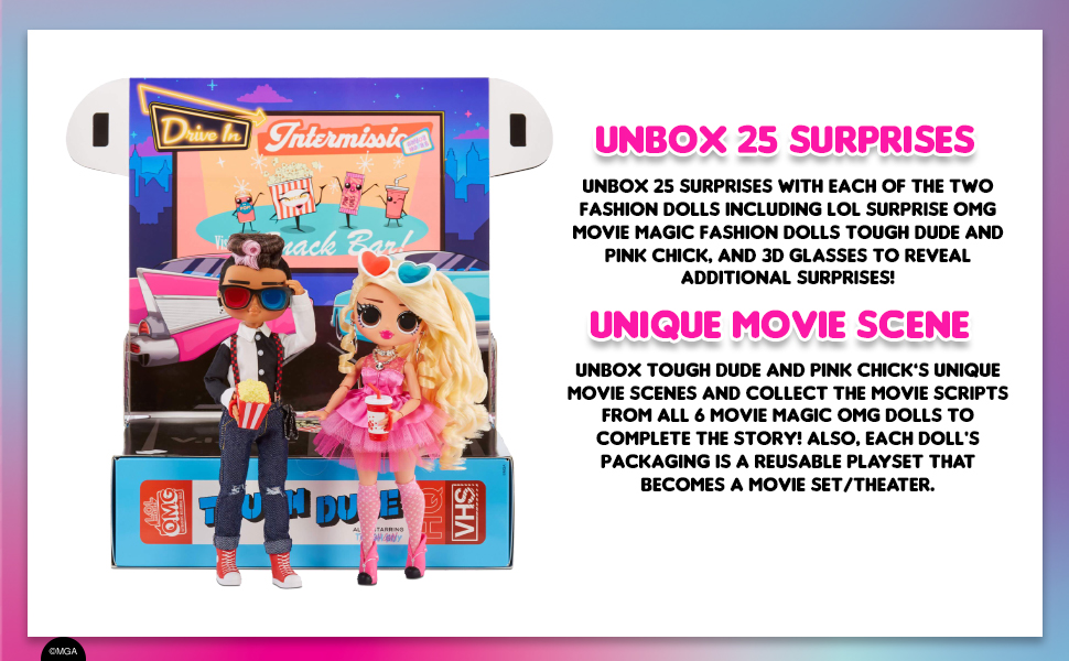 L.O.L. Surprise! 576501EUC LOL OMG Movie Magic 2-Pack-Tough Dude & Pink Chick Dolls with 25 ...