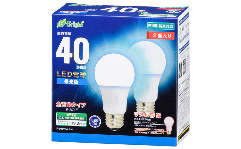Amazon | オーム電機 LED電球(40形相当/569lm/昼光色/E26/全方向配光260°/密閉形器具対応/2個入り) LDA4D-G AG27 2P | オーム（OHM ...