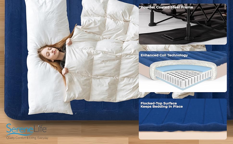 SereneLife EZ Air Mattress with Frame & Rolling Case, Foldable Self-Inflating Air Bed with Built ...