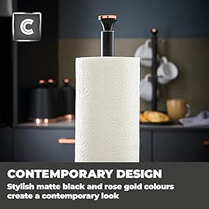 Tower T826133BLK Cavaletto Towel Pole Kitchen Roll Holder with Soft Underliner, Black and Rose ...