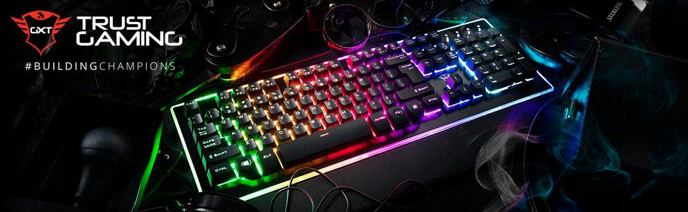 Trust Gaming GXT 860 Thura Clavier AZERTY Gamer Semi-Mécanique Led Lumineux, Anti Ghosting, 12 ...