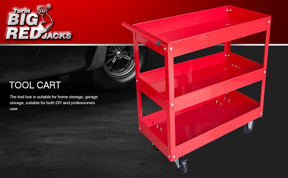 Big Red APTC302R Torin Steel Tool Service Push Cart with 3 Shelves and 200 lb Capacity, Red ...
