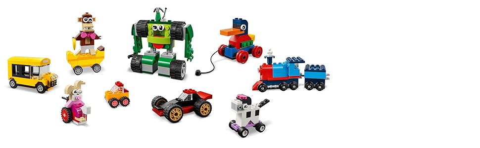 LEGO Classic Mattoncini e Ruote, Set con 9 Modellini da Costruire con Mattoncini Colorati tra ...