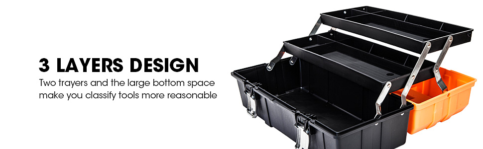 Torin 17-Inch Plastic Tool Box,3-Tiers Multi-Function Storage Portable Toolbox Organizer, Black ...