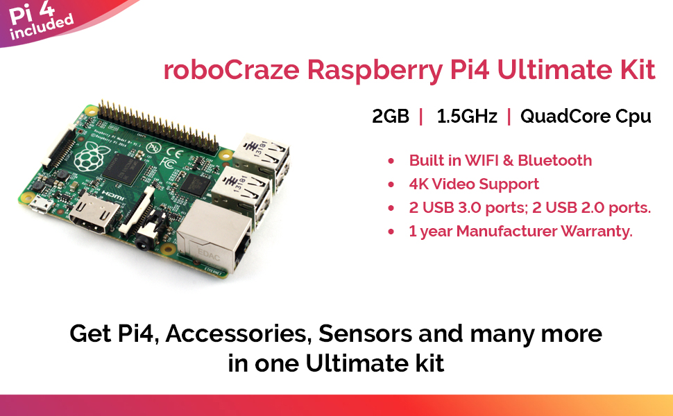 RoboCraze Raspberry Pi4 Full Kit with Raspberry Pi4 2GB RAM, Case ...