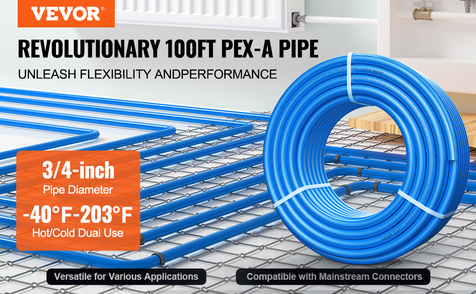 VEVOR PEX Pipe 3/4 Inch, 100 Feet Non-Oxygen Barrier PEX-A Flexible Pipe Tubing for Potable ...