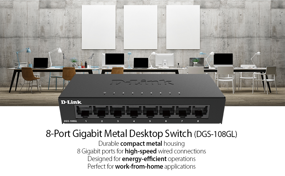 D-Link 8 Port Gigabit Ethernet Unmanaged Metal Desktop Switch, Plug and play, QoS, Cable ...