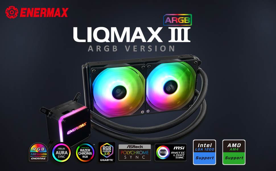 ENERMAX Vattenkylning, vätskekylning för AIO Liqmax III 240 ARGB BLACK Processor - 2 x 12 cm ...
