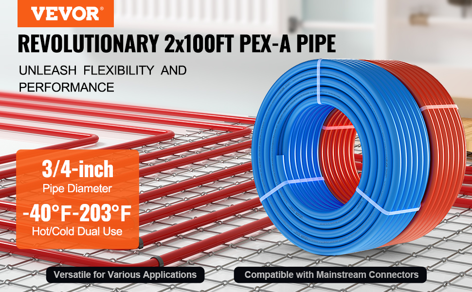 VEVOR PEX Pipe 3/4 Inch, 2 x 100 Feet Non-Oxygen Barrier PEX-A Flexible Pipe Tubing for Potable ...