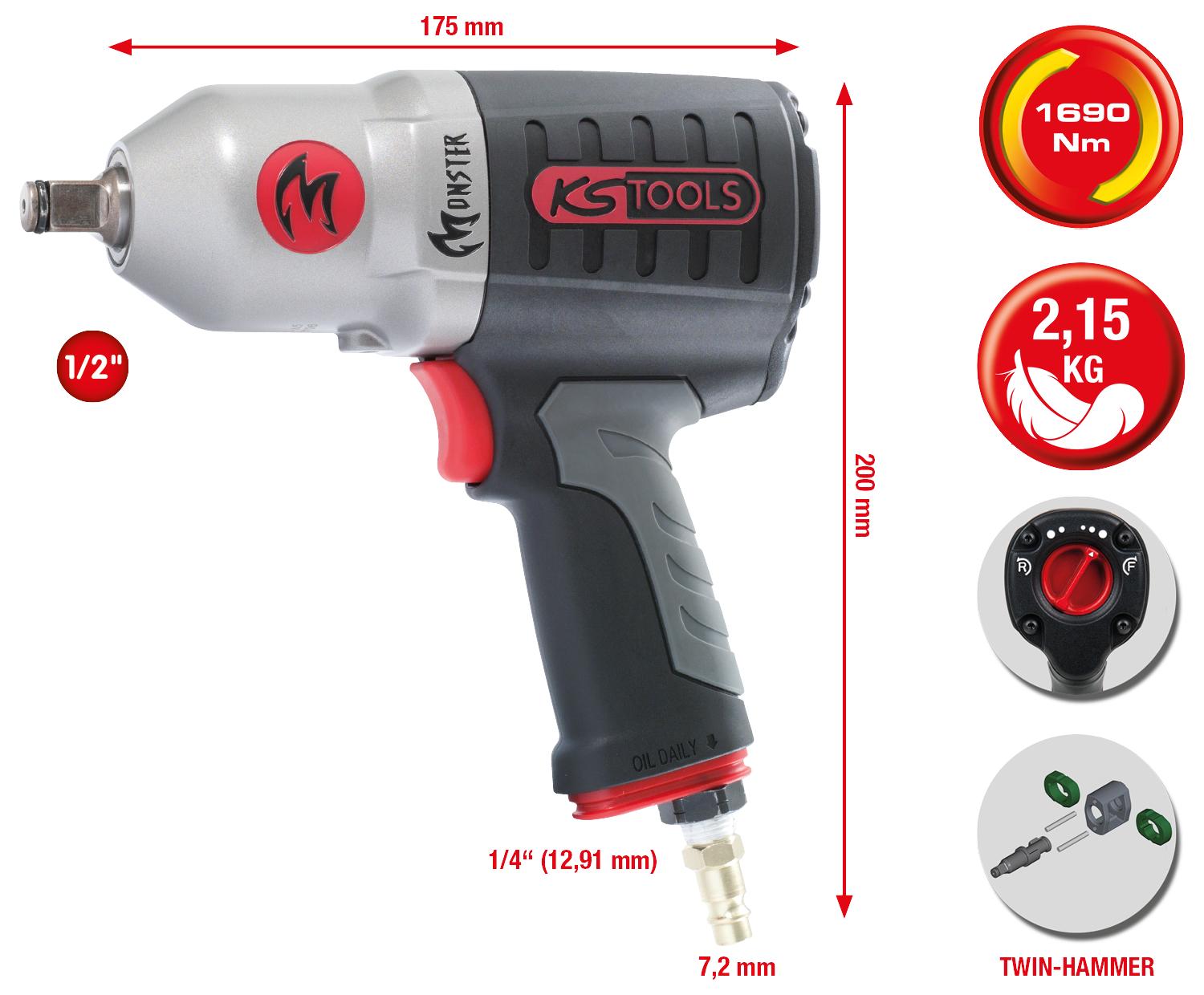 KS Tools 515.1210 1/2" MONSTER Hochleistungs-Druckluft-Schlagschrauber, 1690Nm: Amazon.de: Auto