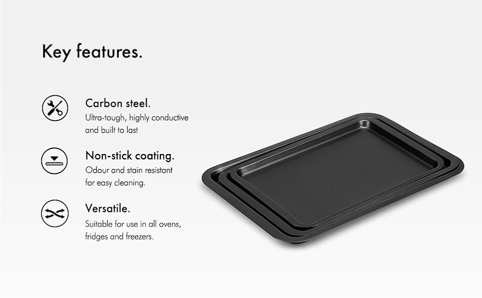 VonShef Baking Tray Set of 3 - Non-Stick Carbon Steel Oven Trays for ...