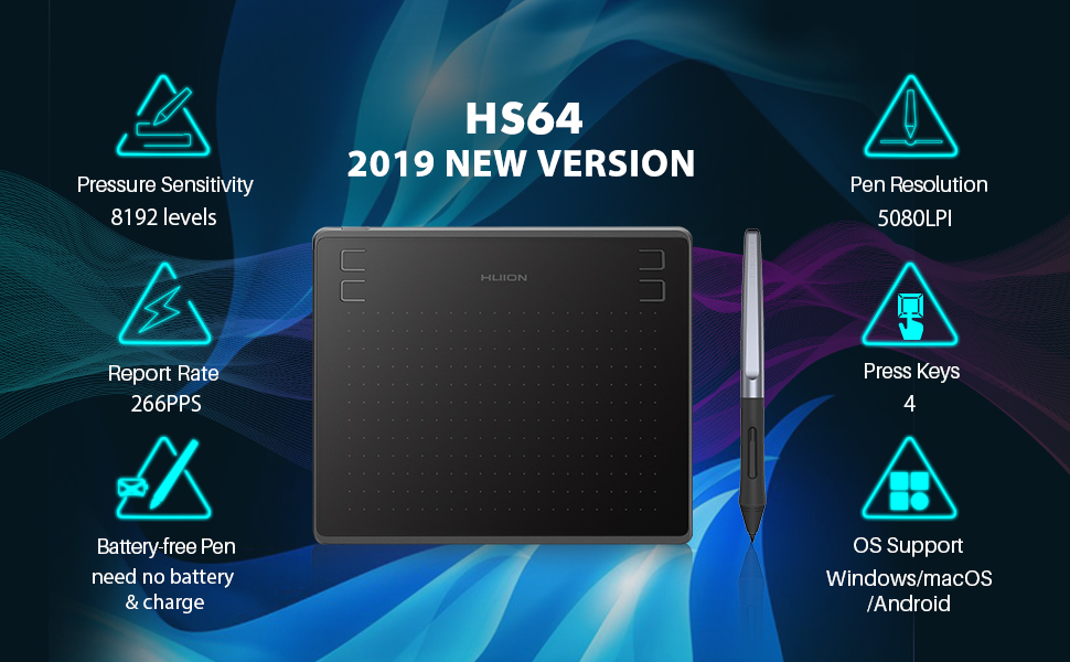 HUION HS64 Graphics Drawing Tablet 6.3x4 Inch (with OTG Connectors Supports OS Android) with ...