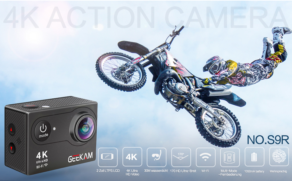Geekam Action Cam 4K wasserdichte 30M Unterwasser WiFi Action Kamera 170° Weitwinkelobjektiv ...