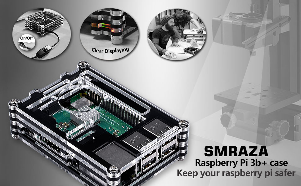Smraza Raspberry Pi 3 B+ Case with Fan, Heatsinks, 2.5A Power Supply, USB Cable with On/Off ...