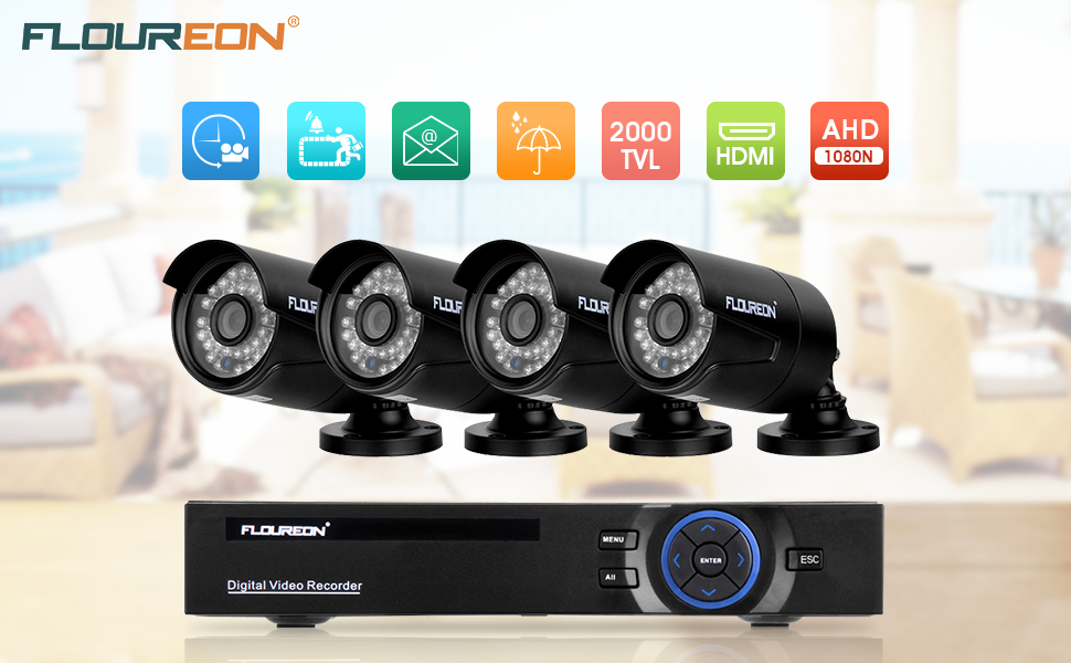 DVR Kit Videosorveglianza FLOUREON 8CH 1080N AHD HDMI DVR 4 * 960P 2000TVL 1.3MP Telecamera ...