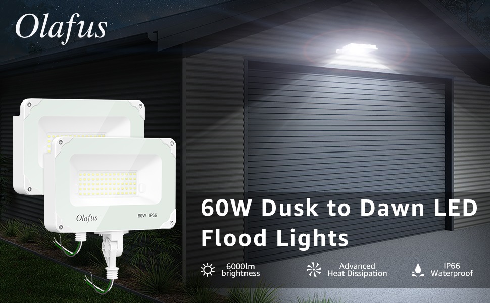 Olafus 2 Pack 60W LED Flood Light Outdoor Dusk to Dawn, 6000LM Photocell Security Lights IP66 ...