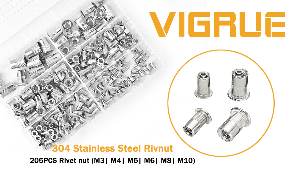 VIGRUE 205PCS 304 Stainless Steel Rivet Nut Assort Set Flat Head Threaded Rivetnut Insert ...