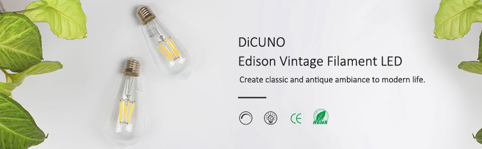DiCUNO Dimmable Vintage Edison LED Bulb 6W (60W Equivalent), Warm White 2700K 700 Lumens Medium ...