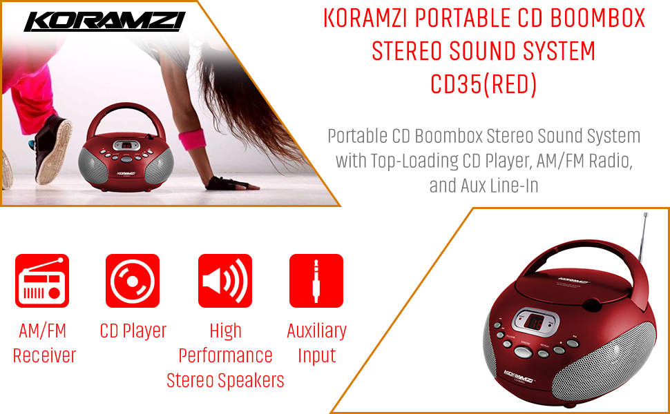 Amazon.com: Koramzi Portable CD Boombox Sound System with Top-Loading CD Player, AM/FM Radio ...