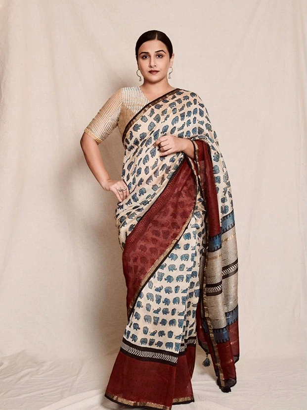 Buy Mul Chanderi Cotton Saree with Block Print, Zari Border, and ...