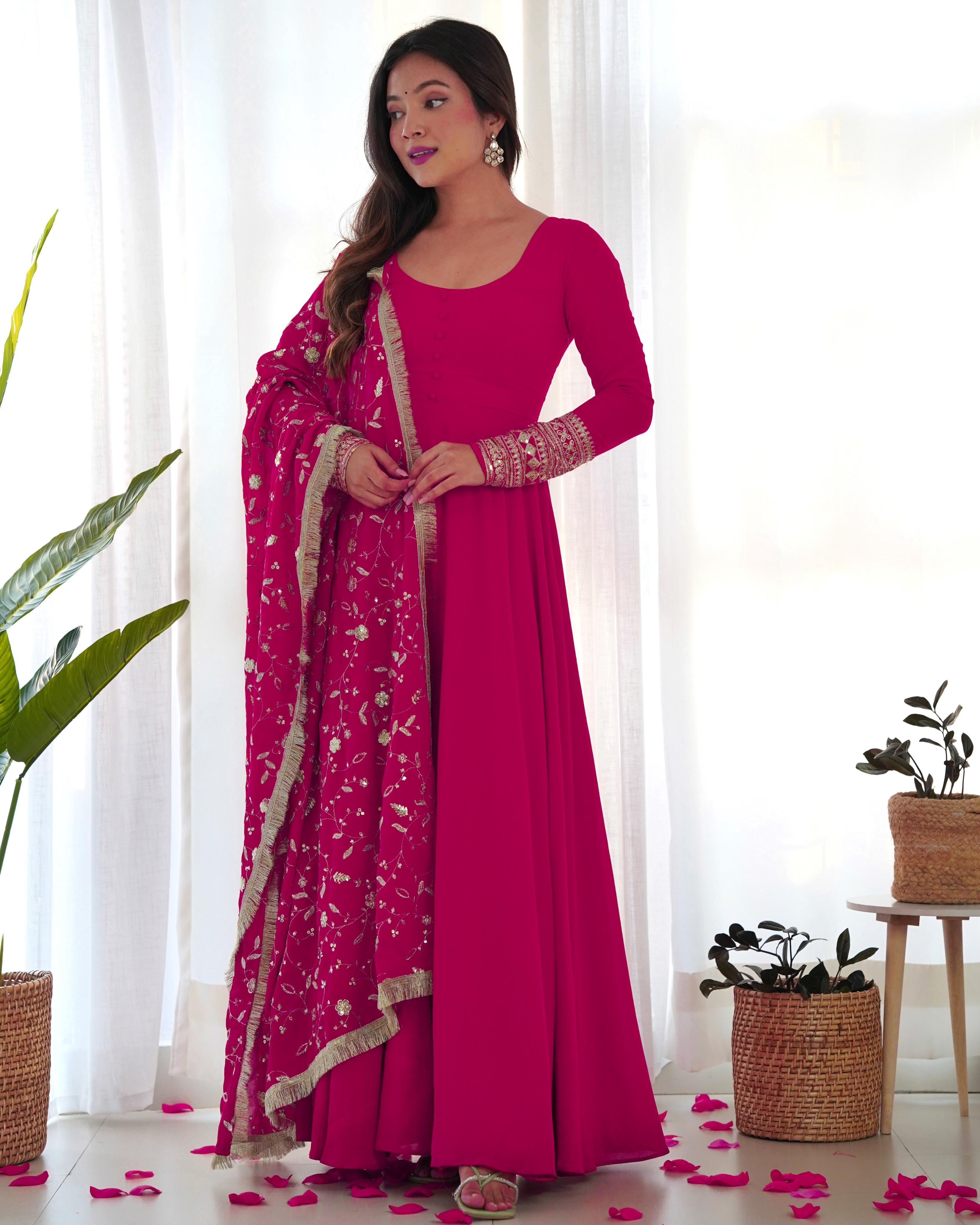 Buy Rani Pink Colour New Georgette Anarkali Gown Duppta Full Set With ...