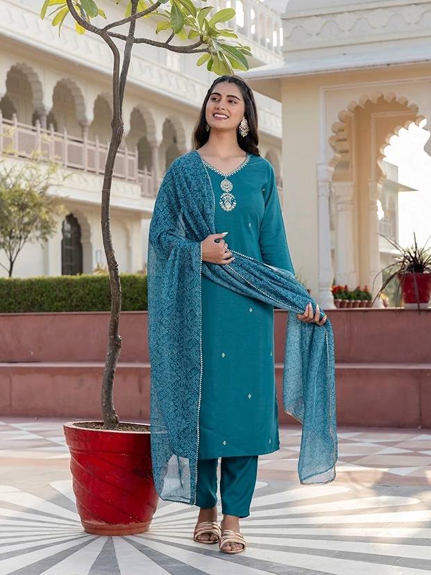 Buy Blue Rayon Embroidered Straight Kurta With Rayon Pant And Silk ...