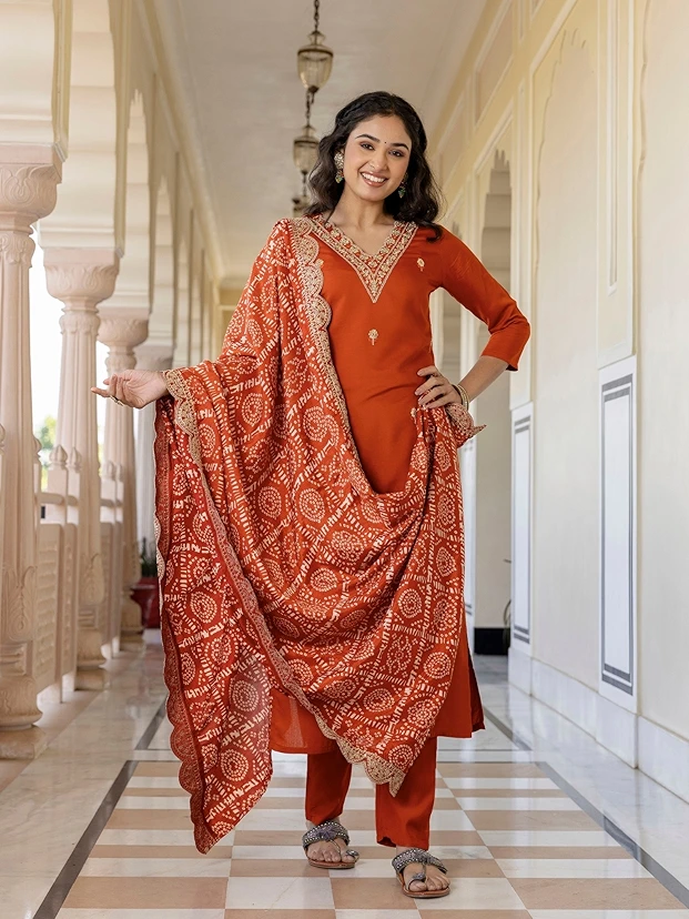 Rust Embroidered Kurta Set for Women - Navlik